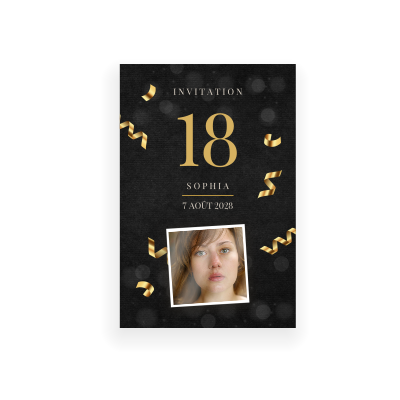 Invitation chic pour le 18e anniversaire avec confettis et photo
