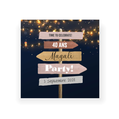Invitation originale d'anniversaire avec panneau indicateur et guirlande