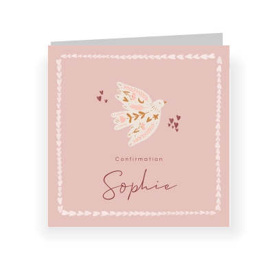 Belle carte de confirmation avec une colombe et des cœurs